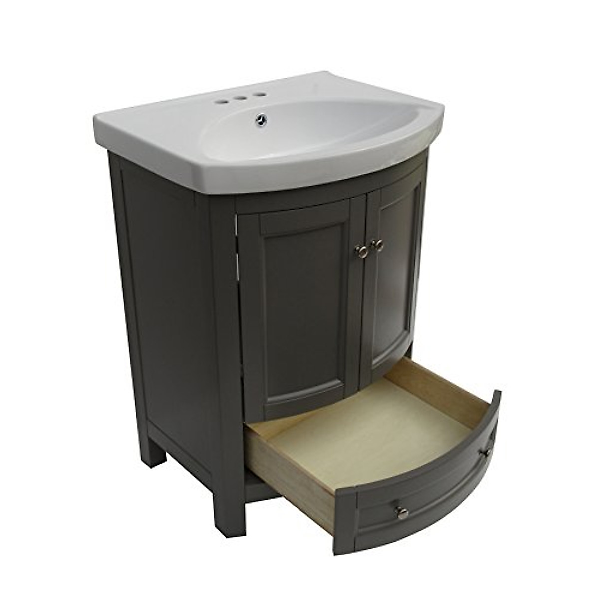 RUNFINE RFVA0069G 24 inch Wide All Wood Modern Gray Vanity with vitreous China top, 2 Doors and 1 Slow Close Arch Drawer