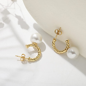 MESOVOR Pearl Drop Earrings for Women, 18K Gold Plated Twisted C Shape Gold Hoop Earrings Jewelry Gift for Mother Wife(Gold)