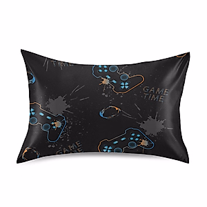 Oyihfvs Seamless Video Game Gamepad Joysticks in Black Blue Neon on Black Silky Satin Pillowcase for Hair and Skin, Soft Bed Pillow Cover, Decorative Silk Pillow Cases, King Size 20x40 inches