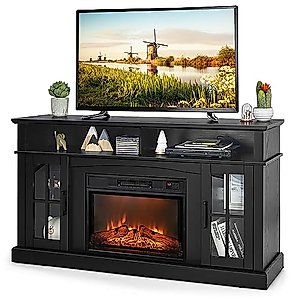 GOFLAME 58" TV Stand with Electric Fireplace Insert, Fireplace Entertainment Center with Side Cabinets & Adjustable Shelves, Overheat Protection, Remote Control & Timer for TVs up to 65 Inches (Black)