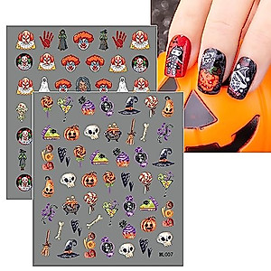 JMEOWIO 9 Sheets Halloween Nail Art Stickers Decals Self-Adhesive Pegatinas Uñas Skull Ghost Witchy Pumpkin Nail Supplies Nail Art Design Decoration Accessories