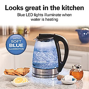 Hamilton Beach Glass Electric Tea Kettle, Water Boiler & Heater, 1 L, Cordless, LED Indicator, Auto-Shutoff & Boil-Dry Protection (40930), Clear