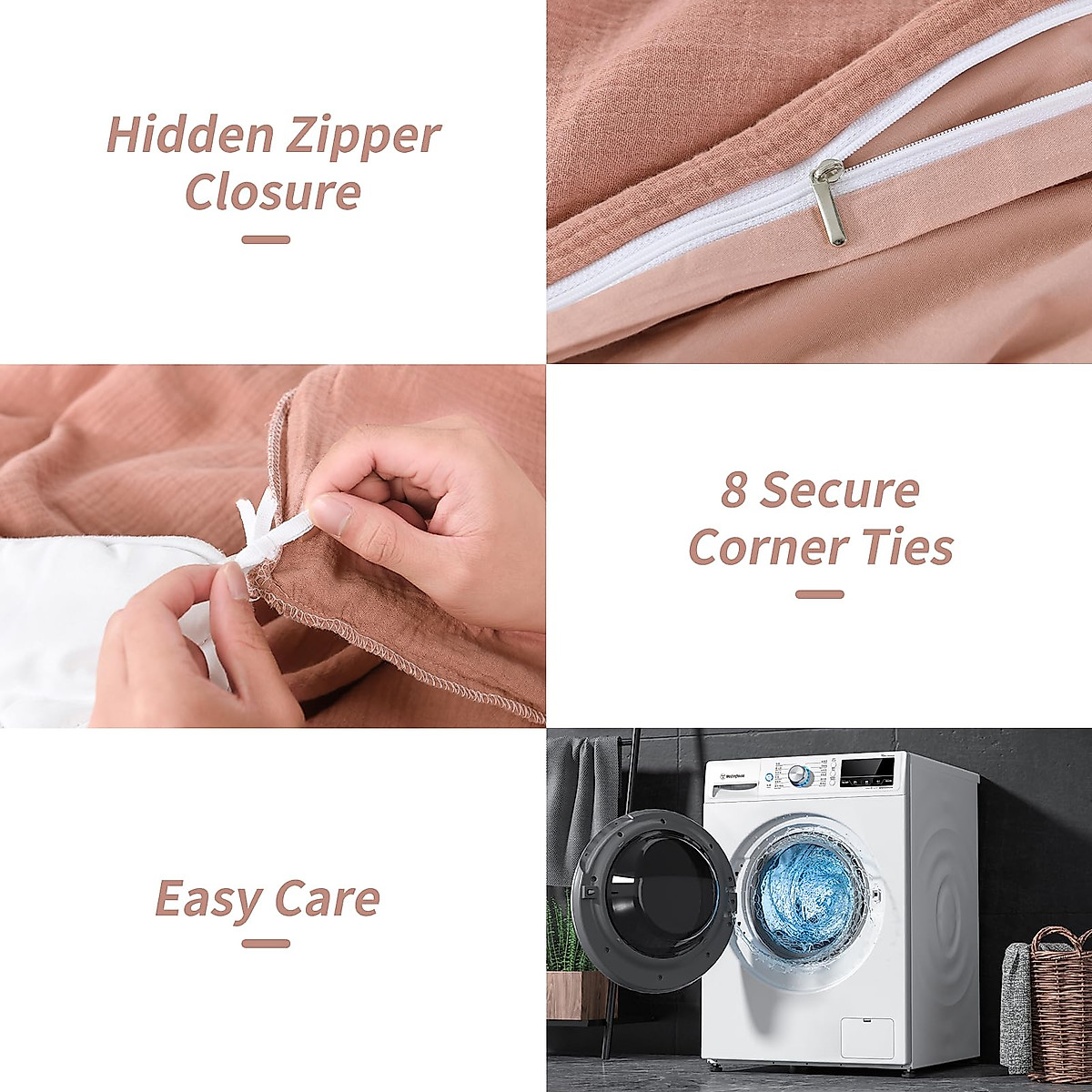 PERHOM Muslin Duvet Cover King, 100% Washed Cotton Duvet Cover Set, Ultra Soft Comforter Cover Linen Like, 3 Pieces Minimalist Gauze Duvet Cover with 2 Pillow Shams, 90"x104", Dusty Red