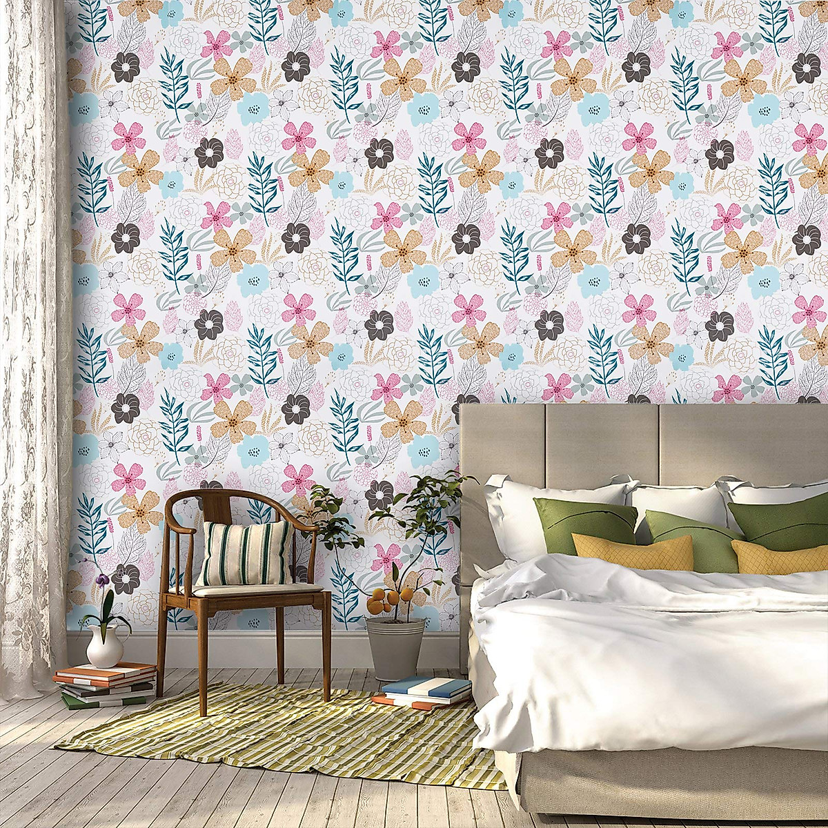 Mecpar Floral Wallpaper 17.71'' x 118'' Perennial Blooms Peel and Stick Vinyl Self Adhesive Removable Waterproof Wallpaper for Bathroom Cabinet Prepasted Decorative