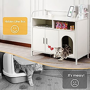 Amunrbrek Litter Box Enclosure,Cat Litter Box Furniture Hidden,Large Washroom with Scratching Pad,Modern Cabinet White