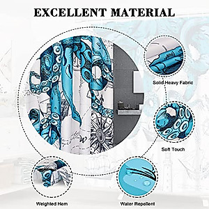 4 Pcs Octopus Shower Curtain Set, Nautical Bathroom Sets with Shower Curtain and Rugs, Blue Beach Ocean Kraken Pirate Shower Curtain Set with Non-Slip Rug, Toilet Lid Cover, Bath Mat and Hooks