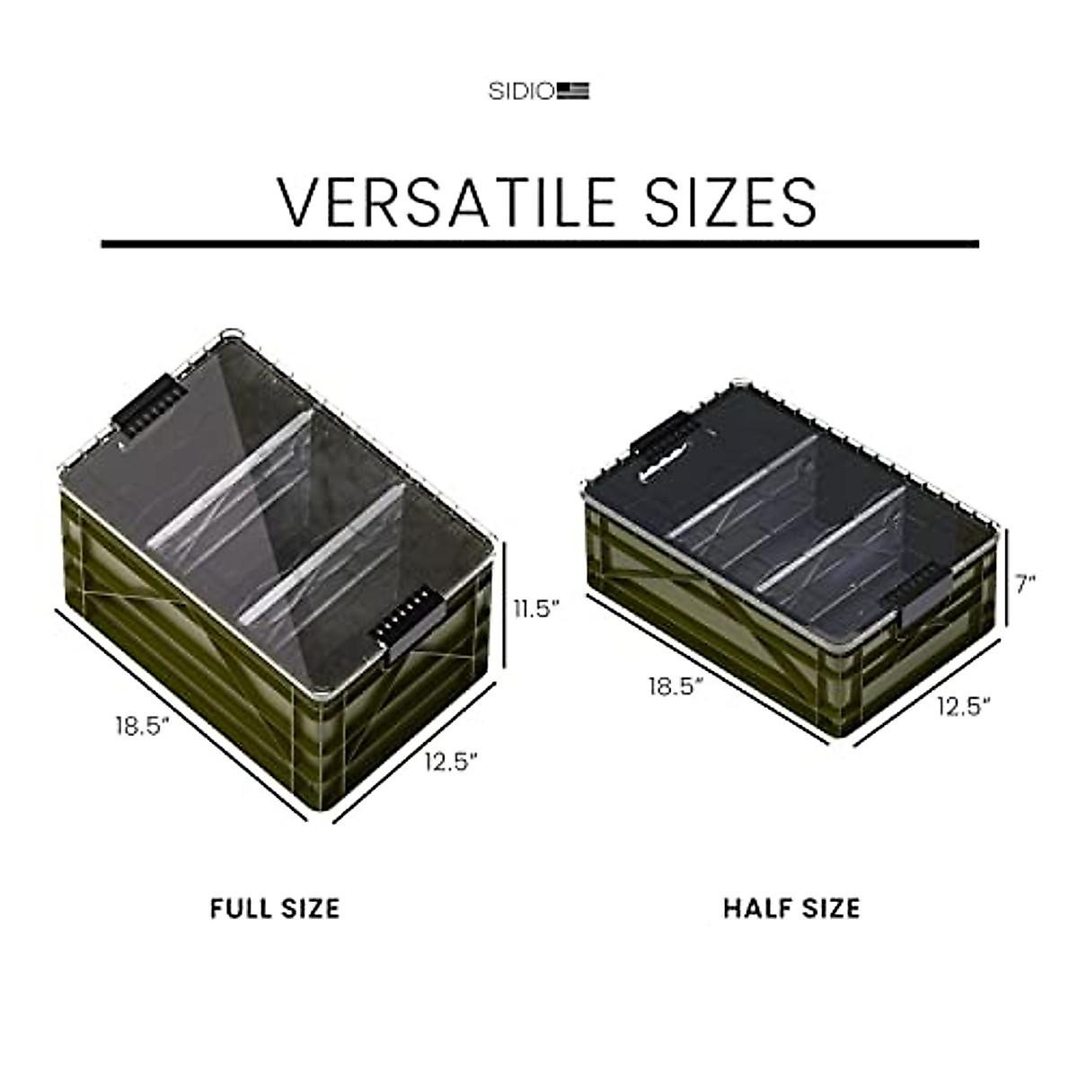 SIDIO CRATE Pro Pack - Two Full Size and One Half Size SidioCrate, Stackable Outdoor Organizer Storage Bins with Clear Lid and Dividers - Green
