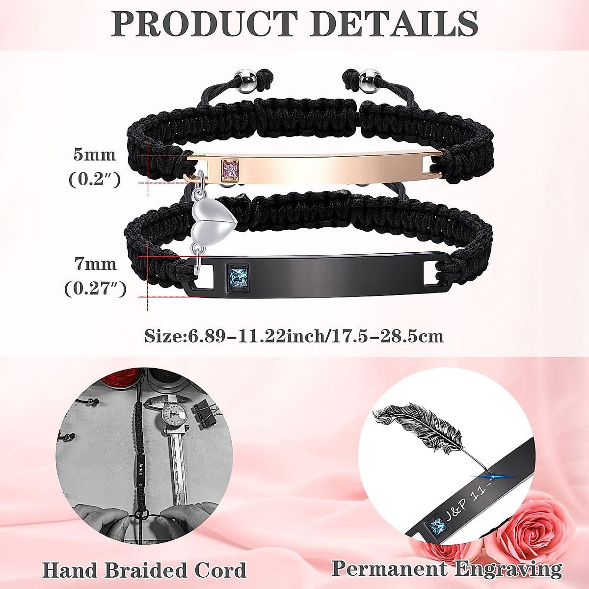 Personalized Custom His and Hers Handmade Rope Braided Nameplate ID Matching Couple Bracelets for Lover (Black-rosegolden-black 5-7mm couple customize-heart)