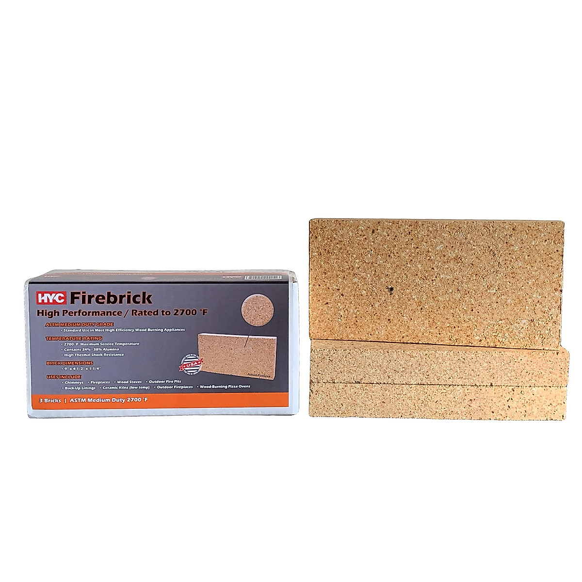 HY-C HTFB-R3 Medium-Duty Firebricks, 9" x 4-1/2" x 1-1/4", 3 per Box, Light Brown