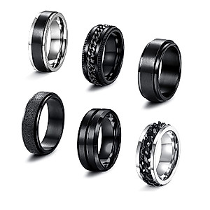 SAILIMUE 6 Pcs 6/8 MM Black Spinner Rings for Men Women Stainless Steel Fidget Ring Anxiety Stress Relieving Cool Chain Fashion Ring Set Wedding Promise Band Rings Size 9
