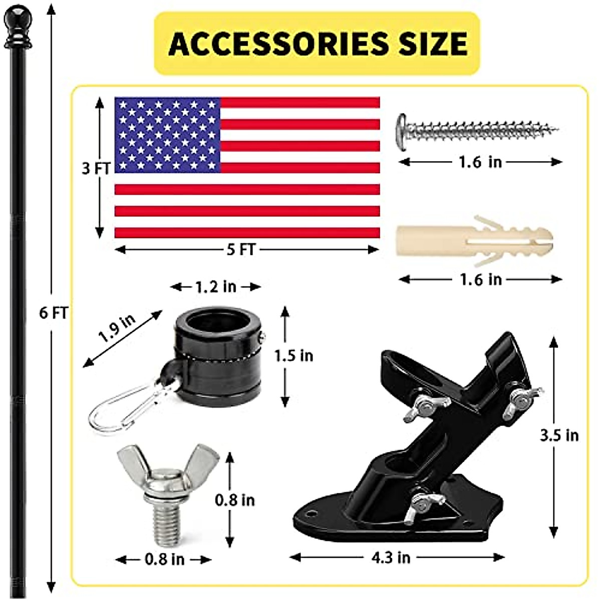 AIVIIN 6FT House Flag Pole Kit, Aluminum Bracket Wall Mounted for Residential Porch Garden Yard Truck Boat Commercial, Black