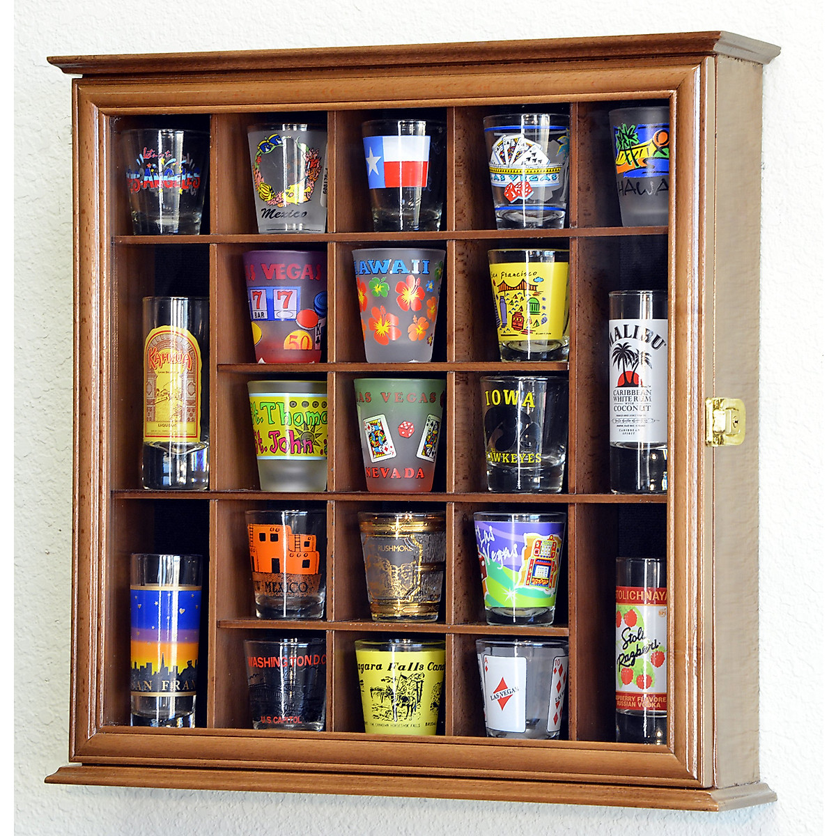 21 Shot Glass Shotglass Shooter Display Case Holder Cabinet Wall Rack 98% UV Lockable -Walnut