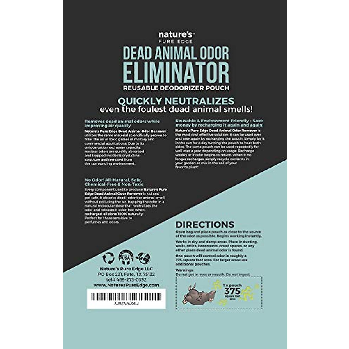 Dead Animal Smell Removal Reusable Deodorant Pouch. Eliminate dead Animal Smell Without Scent. Decay Odor Remover. Fragrance Free. Pet and Kid Safe. Extra Large, Covers 375 Square Feet.