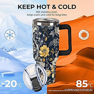 YTLKGFP 40 Oz Large Capacity Car Cup With Floral Pattern Tumbler with Handle (Black) Straw Lid Insulated Stainless Steel Water Bottle Travel Mug Leak-proof Car Cup Keeps Cold Or Hot