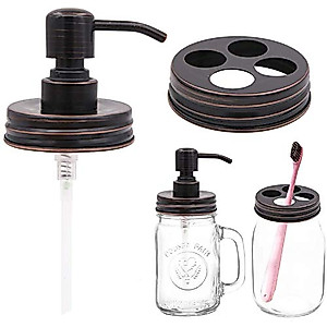 Apol 2 Pcs Stainless Steel Lid Bathroom Accessories Set,Bronzed Mason Jar Hand Soap Dispenser Lid with Pump and 4-Holes Toothbrush Holder Lid for Bathroom Kitchen Farmhouse Mason Jar Decor