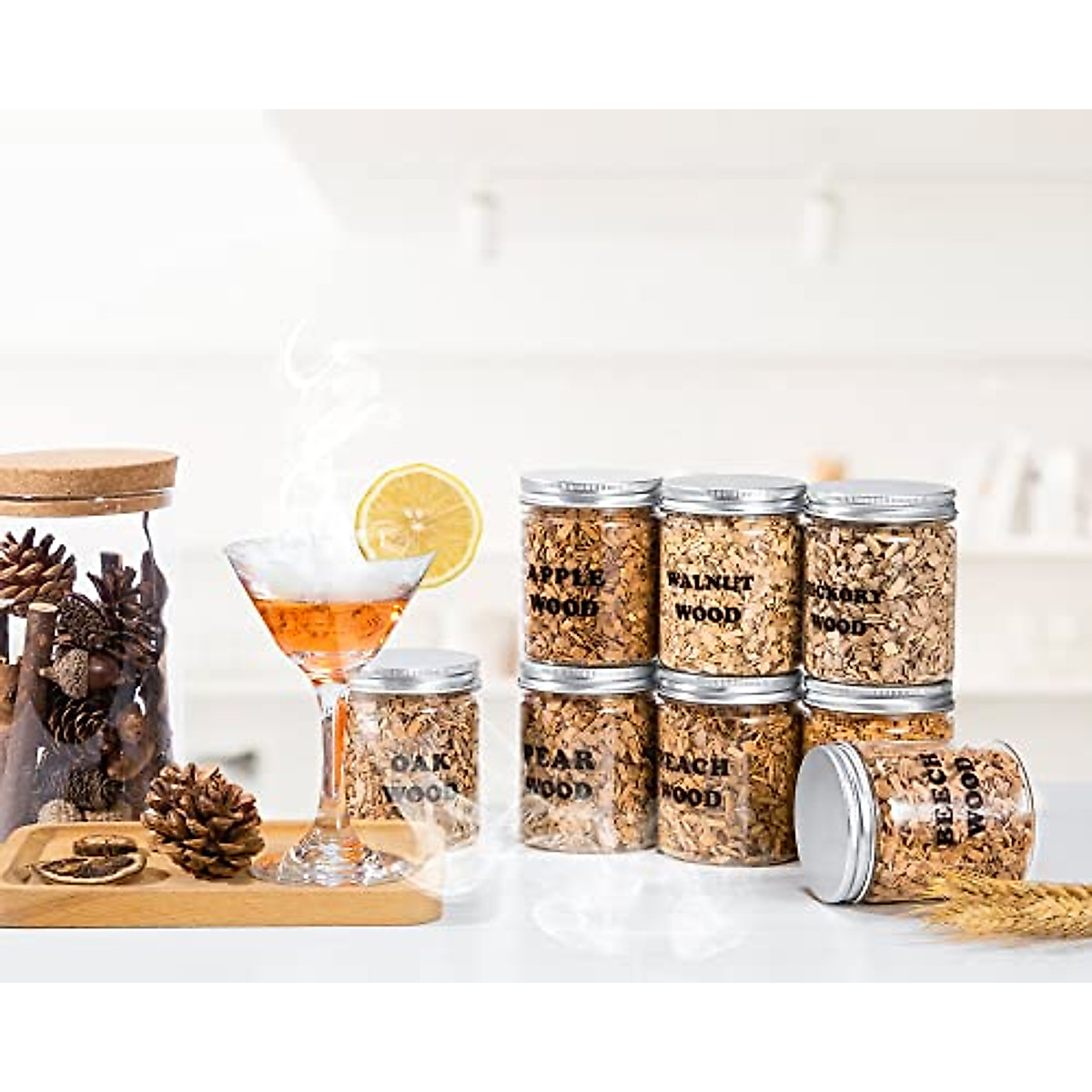 Natural Wood Chips for Smoker and Smoking Gun-Set of 8 Variety Pack-Hickory, Oak, Cherry, Apple, Peach, Beech, Walnut, Pear-3.5 OZ Each Great for Smoking Beef Chicken Fish Cocktail Whiskey & Drinks