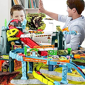 Juqic Children's Toy Car Ramp Track Dinosaur Spray Hills Adventure Railcar Slot Car Vehicle Race Play Set with 20 Mini Cars for Preschool Boys Puzzles Gifts Kids Ages 3 to 6 or Older (Spray Dinosaur)