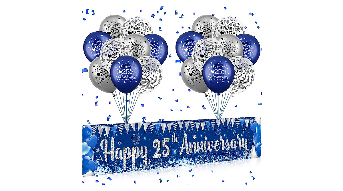 Blue Silver 25th Anniversary Decorations Set