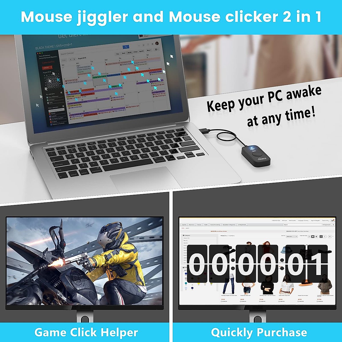 Cloudeck Mouse Jiggler Undetectable for Computer, USB Mouse Mover, Gaming Automatic Continuous and Assistive Click Device, Plug & Play, Simulate Mouse Pointer Movement to Prevent PC Going Sleep
