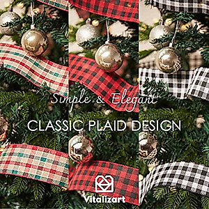 Vitalizart Buffalo Plaid Ribbon Set 2.5" x 30Yd Wired Gingham Ribbon for Christmas Tree Home Decoration Wreath Handmade Crafts Gift Wrapping Bow Making (Black White Red Green)