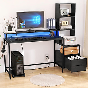 RUPOLX Black Desk with File Drawers, Computer Desk with Power Outlet and Monitor Shelf, Home Office Desk with Storage Shelves, Gaming Desk with Led Lights