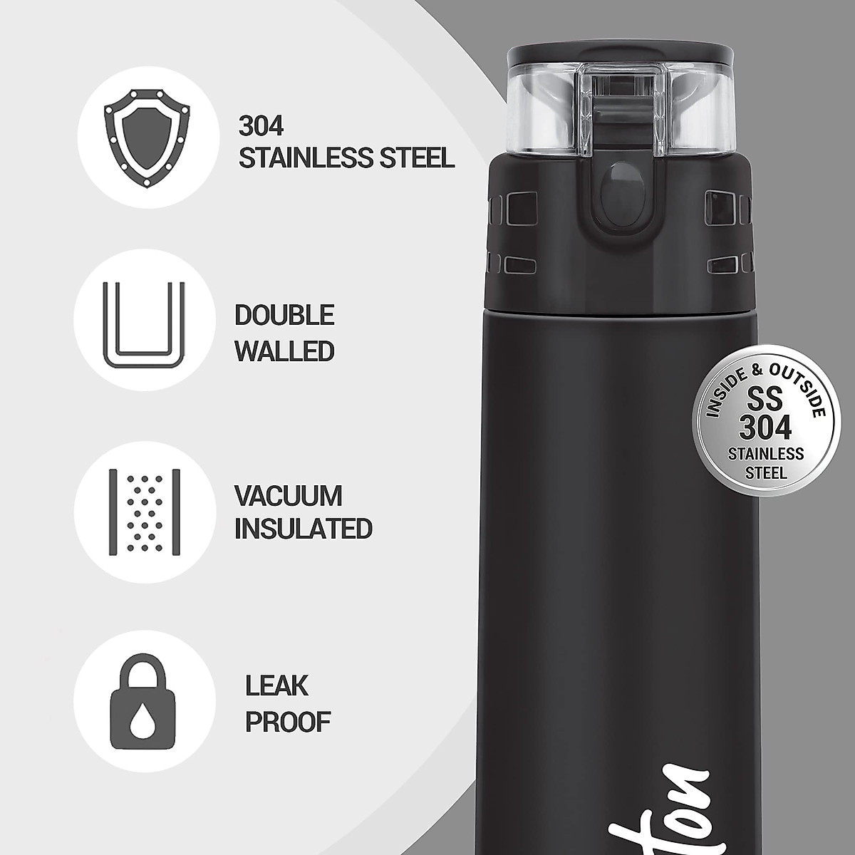 Milton Atlantis 900 Thermosteel Hot and Cold Water Bottle, 1 Piece, 750 ml, Black | Leak Proof | Easy to Carry | Office Bottle | Hiking | Trekking | Travel Bottle | Gym | Home | Kitchen Bottle