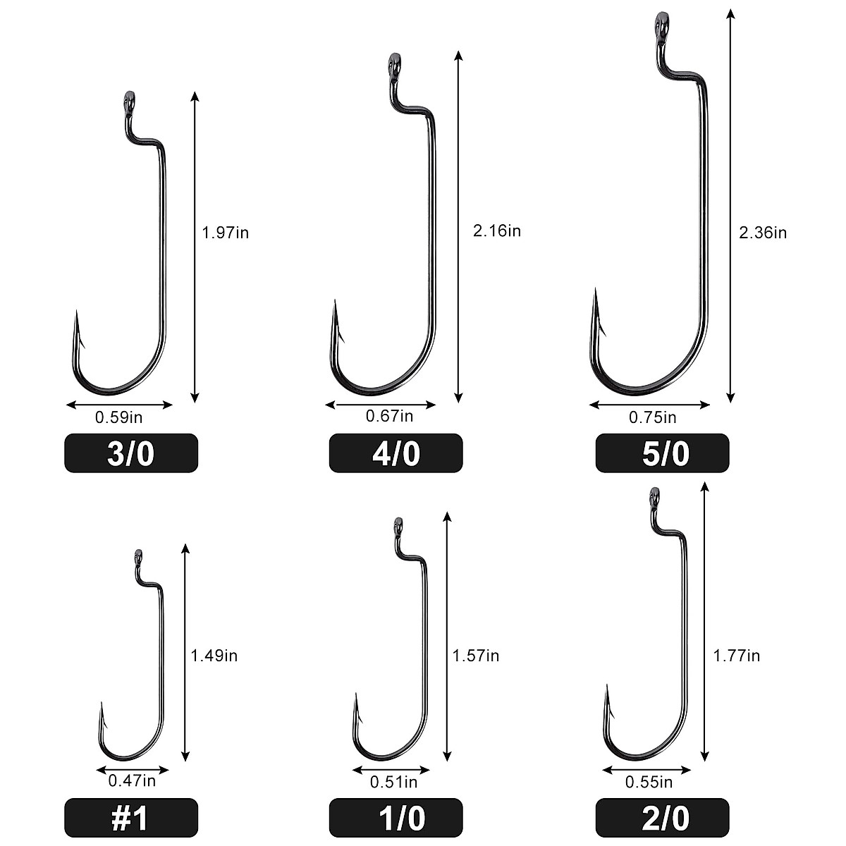 UCEC 100pcs/Box Fishing Hooks Worm Hooks Offset Shank Round Bend Worm Hooks Bass Hooks High Carbon Steel Saltwater Freshwater - 6 Sizes: #1 1/0 2/0 3/0 4/0 5/0