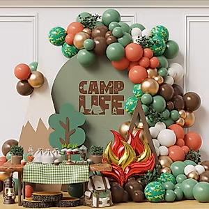 Enanal One Happy Camper Balloon Garland Arch Kit, 146pcs Sage Green Brown Camouflage Balloons with Campfire Balloon for Camping Woodland Party Supplies First Birthday Jungle Baby Shower Decorations