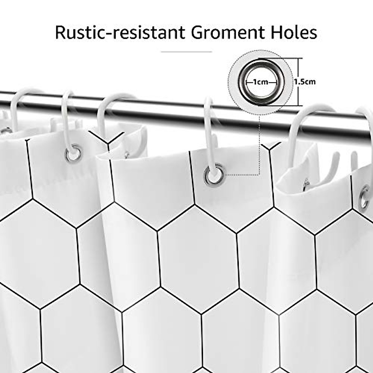 VEGA U Hexagon Fabric Shower Curtain for Bathroom, Modern Bath Decor with Hooks, Hotel Quality, 72x72 Inch