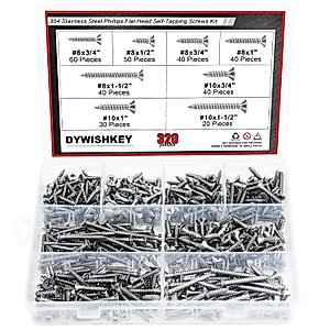 DYWISHKEY 320 Pieces #6#8#10 Stainless Steel 304 Phillips Flat Head Self-Tapping Screws, Wood Screws Assortment Kit