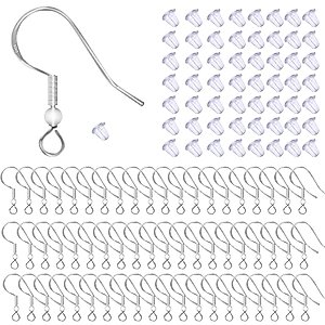 100 PCS/50 Pairs 925 Sterling Silver Earring Hooks Fish Hook Ear Wires French Wire Hooks Hypo-allergenic Jewelry Findings Earring Parts DIY Making with 100 PCS Clear Rubber Earring Safety Backs