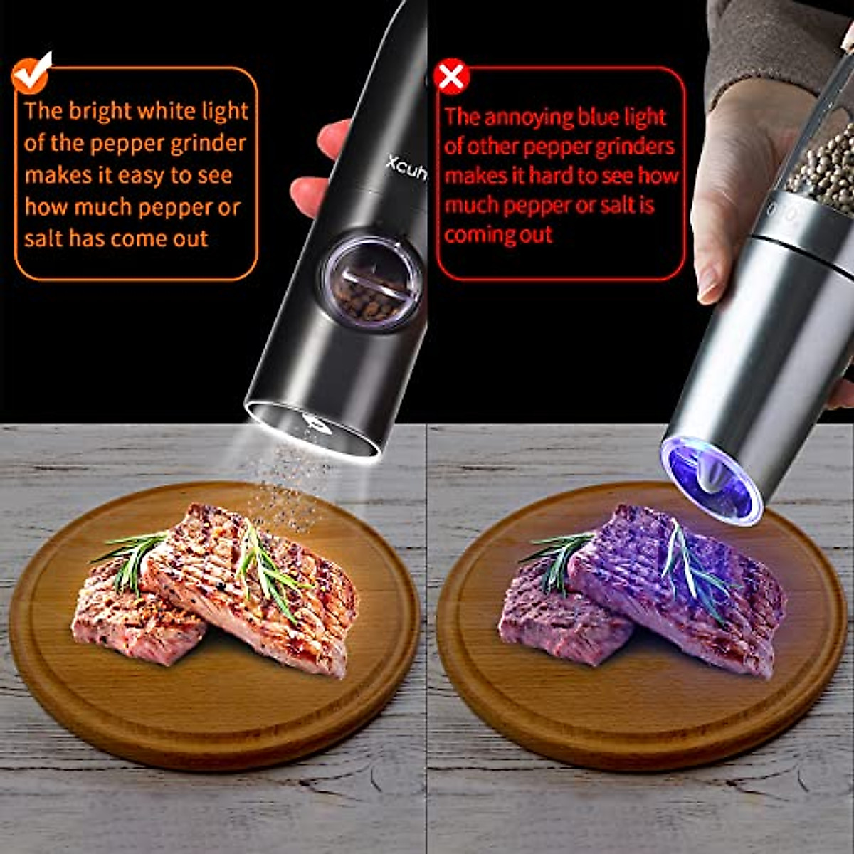 Rechargeable Automatic Salt and Pepper Grinder Set: Rechargeable Base Adjustable Coarseness Refillable Large Capacity One Hand Operated White LED Light Black Electric Spice Peppercorn Mill Shakers