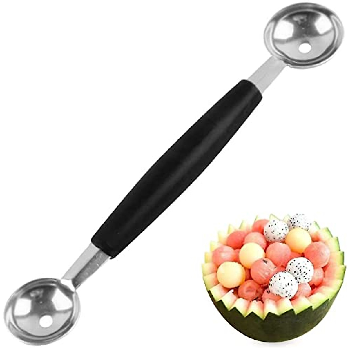 Double-Sided Fruit Melon Baller Spoon, 2 in 1 Stainless Steel Melon Ballers Melon Scoop for Watermelon Cantaloupe Ice Cream,18cm, Black/Silver