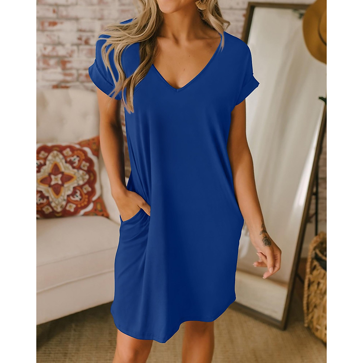 BTFBM Women V Neck Short Sleeve Summer Dresses Beach 2025 Spring Casual Loose Tunic Short T-Shirt Dress Pajamas Pockets(Blue, XX-Large)
