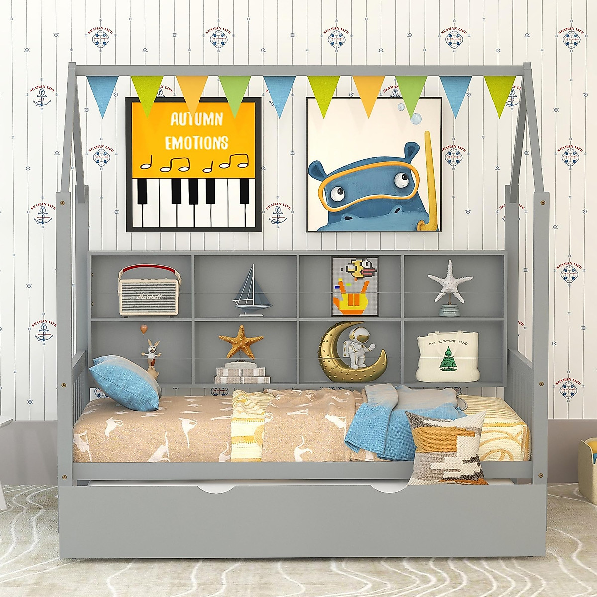 Bellemave Twin Size House Bed with Trundle and Storage Shelves, Montessori Bed Wood Playhouse Bed Frame,Wooden Kids Bed Frame with Roof Design(Twin,Gray)