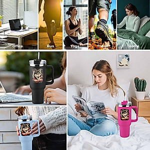 40 Oz Insulated Tumbler with Handle and Straw,Patriotic Wolf Stainless Steel Vacuum Insulated Travel Mug,Leak-proof Water Bottle Iced Coffee Cup,Vintage American Flag Animal