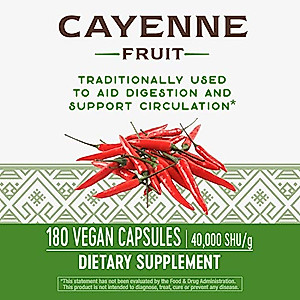 Nature's Way Cayenne 40,000 SHU Potency, 180 Vegetarian Capsules,Cayenne pepper (fruit), Plant-Derived Capsule (Hypromellose)