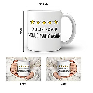 OGILRE Funny Quote 5 Stars Excellent Husband Would Marry Again Ceramic Double Side Printed Mug Cup,Funny Husband Hilarious Gift Coffee Milk Tea Mug Cup,Anniversary Valentine Gift For Husband - 11 oz