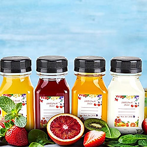 Potchen 100 Pcs 4 oz Empty Plastic Juice Bottles with Caps Mini Clear PET Water Reusable Drink Containers Lids for Juice, Smoothie, Milk, Tea and Homemade Beverages Labels, Funnels Brush