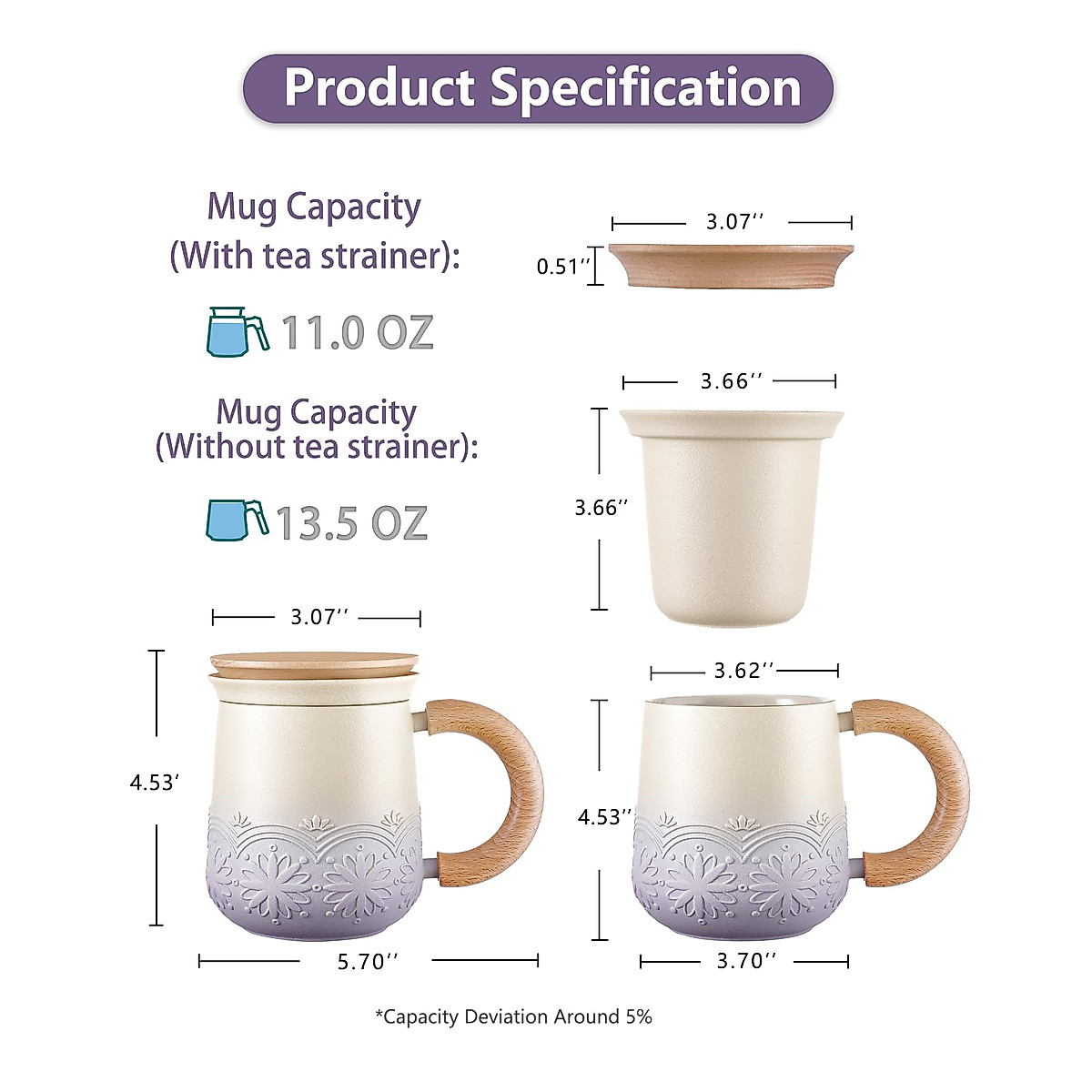 ZENS Tea Mug with Infuser and Lid for Loose Leaf Tea Steeper, 11 oz Embossed Ceramic Tea Cup with Strainers for Tea Steeper, Wood Handle Gradient Tea Cup for Daughter, Collector's Mug Gifts