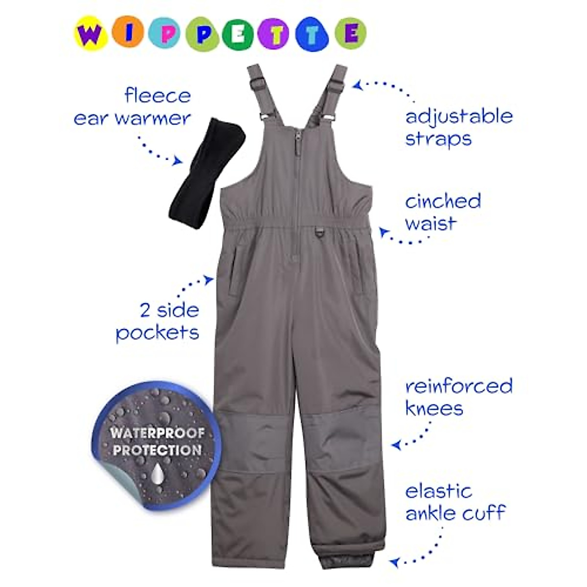 Wippette Girls’ Snow Bib – Kids’ Insulated Waterproof Snowboard Ski Snow Pants Overalls for Girls (5-18), Size 16-18, Charcoal