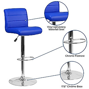 Flash Furniture Marietta 2 Pk. Contemporary Blue Vinyl Adjustable Height Barstool with Rolled Seat and Chrome Base