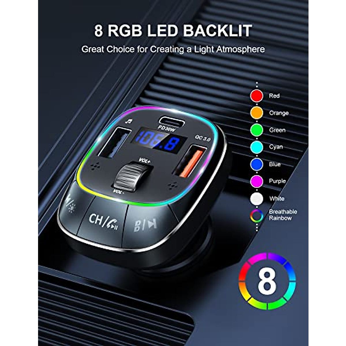 RIWUSI Bluetooth Car Adapter, [PD 30W+QC 3.0] [Stronger Dual Mic & Bass Boost] Bluetooth 5.0 FM Transmitter for Car, Hands-Free Music Player/Car Kit with Stunning 8 Colors Backlit & U Disk