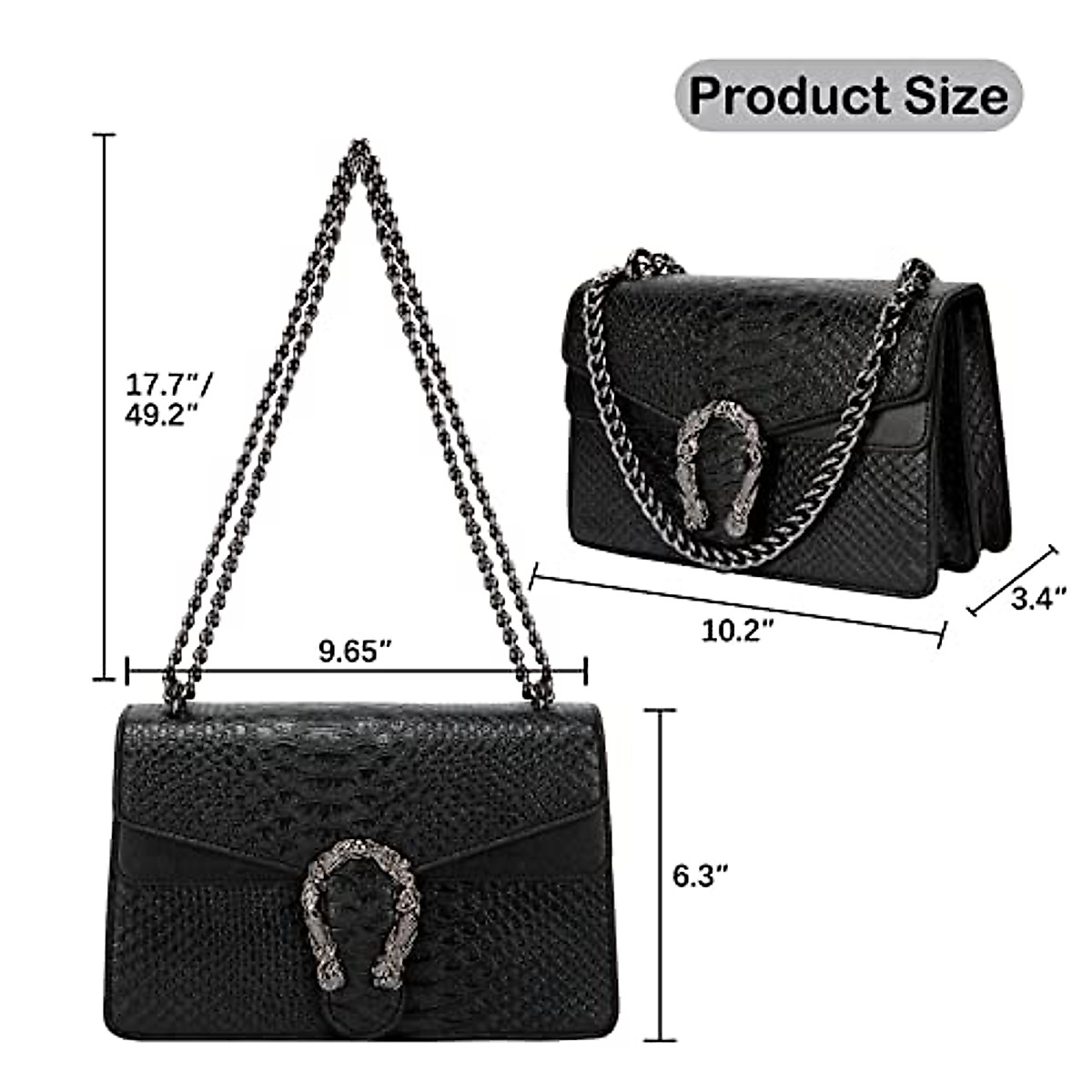 Crossbody Shoulder Square Purse For Women - Fashion Embossed Snake-Print Leather Handbag Metal Chain satchel Tote Bag