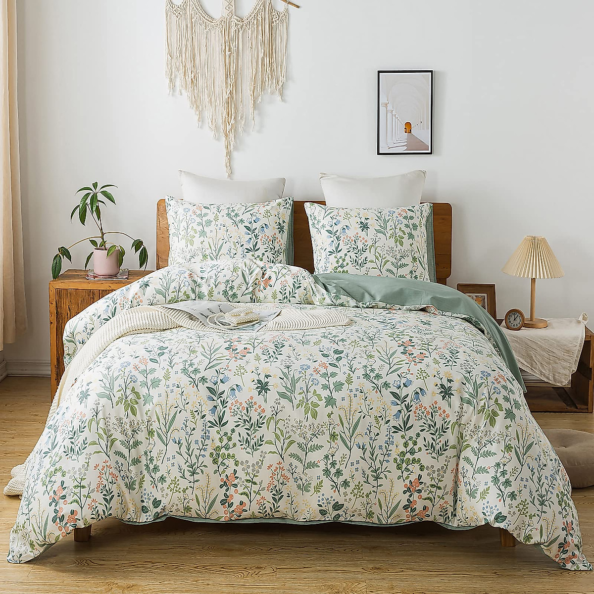 Travan Garden Style Floral Duvet Cover 100% Cotton Duvet Covers Ultra Soft Green Floral Bedding Sets with Zipper Closure, (3pcs, King Size)