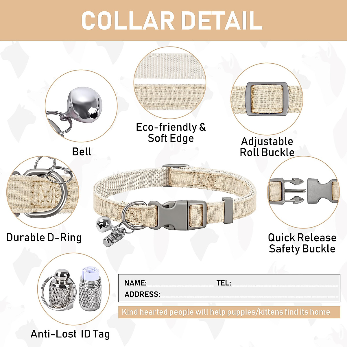 GAMUDA Small Pet Harness Collar and Leash Set, Step in No Chock No Pull Linen Fabric Soft Mesh Dog Vest Harnesses Reflective for Dogs Puppy Cats Kitten Rabbit (Khaki, S)