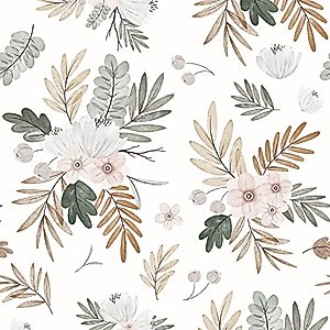 JiffDiff Boho Wallpaper Peel and Stick Watercolor Autumn Flowers Wallpaper Honey Wheat Watercolor Leaf Wallpaper White Removable Wallpaper Wall Decor 17.32" x 118.11"