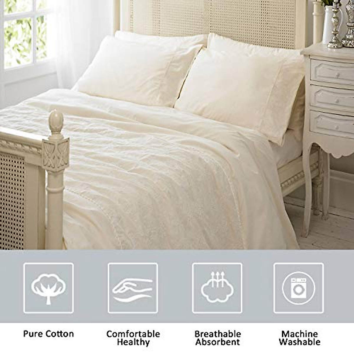 Merryfeel Cotton Duvet Cover Set,100% Cotton Embroidery with lace Duvet Cover Set- Cream- Full/Queen