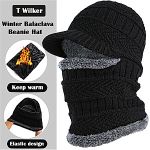 T WILKER 2Pcs Winter Knit Beanie Balaclava Hat Anti-Slip Touch Screen Mittens Set Thermal Ski Mask Cap Unisex for Womens Mens Black