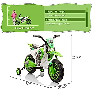 TOBBI Electric Motorcycle for Kids 12V Dirt Bike Ride on Toy Battery Powered Motorbike Off-Road Motocross Kid Motorized Vehicles w/ 2 Speeds, 35W Dual Motors, Training Wheels, Green